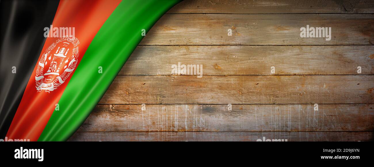 Afghanistan flag on vintage wood wall. Horizontal panoramic banner ...