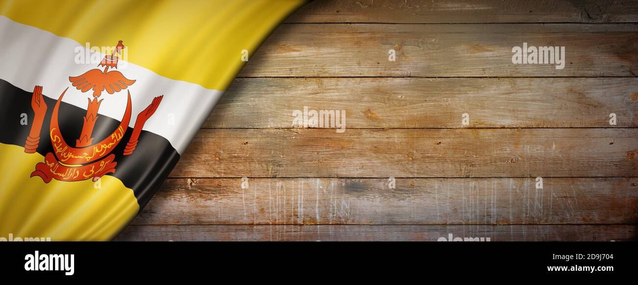 Brunei flag on vintage wood wall. Horizontal panoramic banner Stock ...