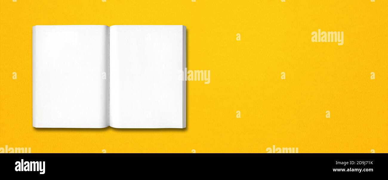 Open book isolated on a yellow banner background Stock Photo - Alamy