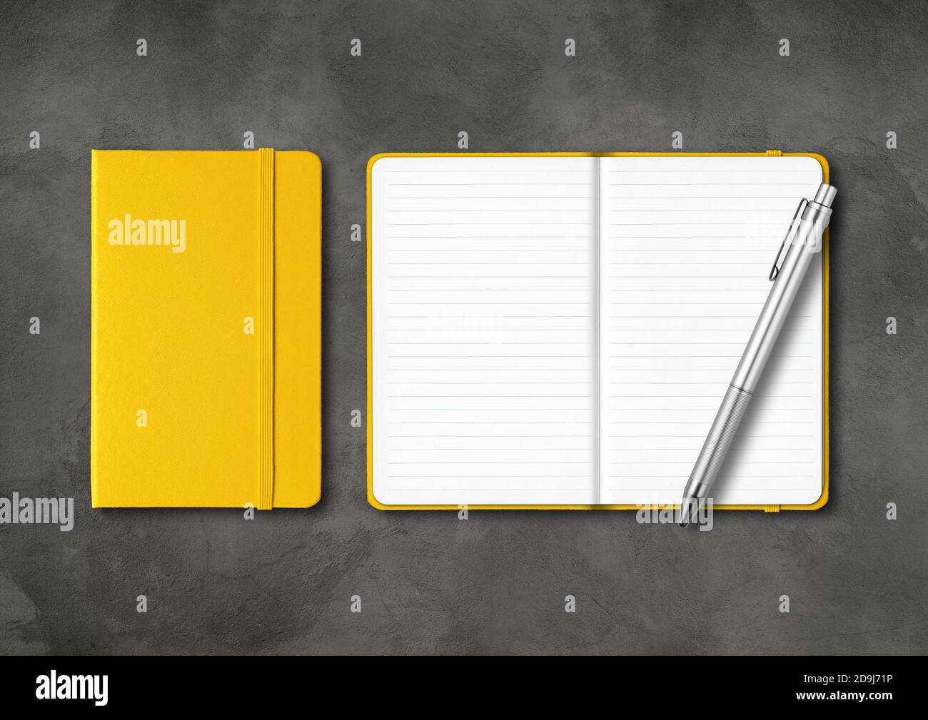 Yellow closed and open lined notebooks with a pen. Mockup isolated on ...