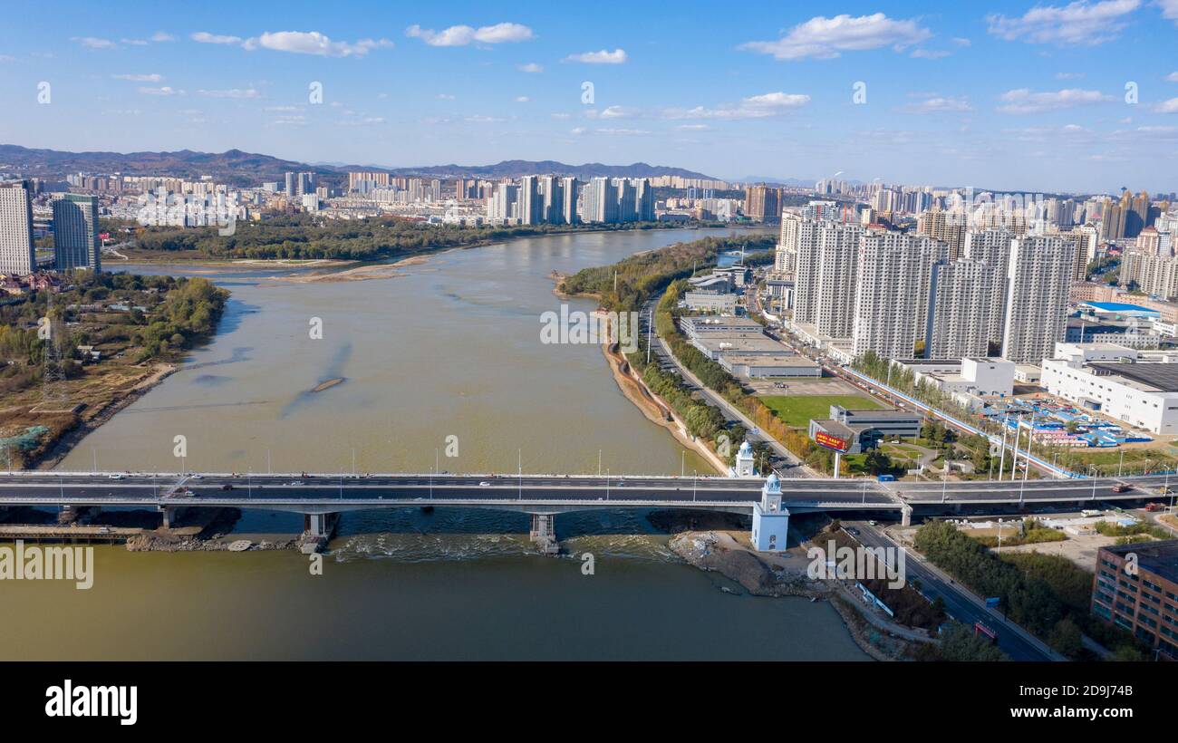 An aerial view of the landscape of Baishan Bridge under construction in ...