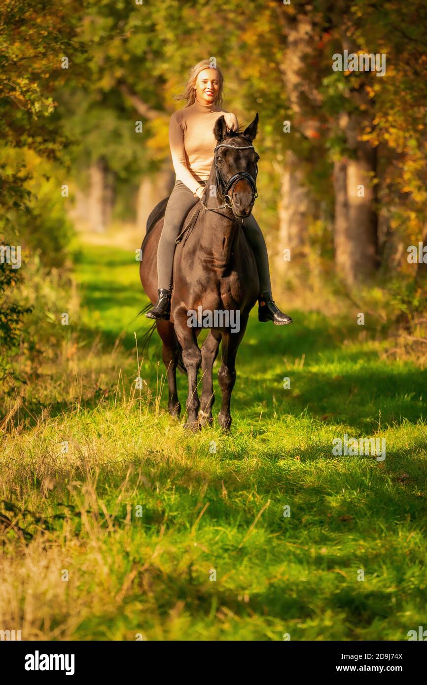 Beautiful blonde female horse rider on a horse without sadle, in the ...