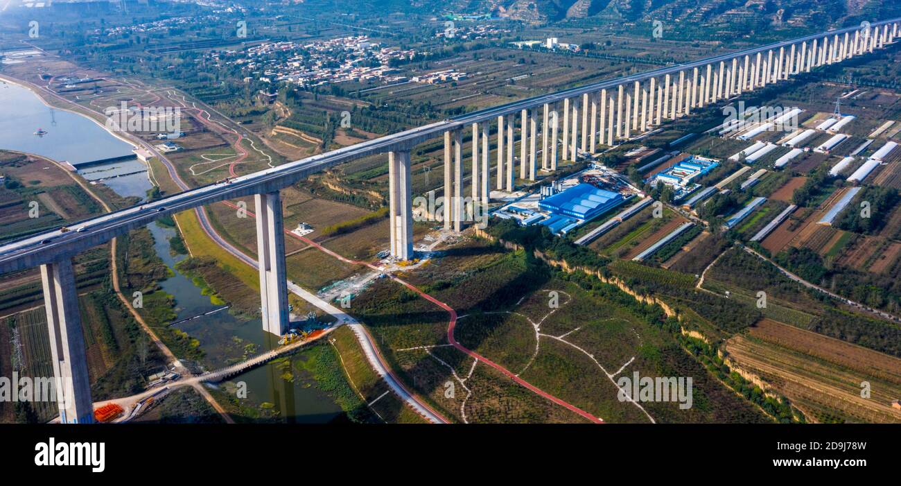 An aerial view of Hongnongjianhe Bridge under construction in Sanmenxia ...