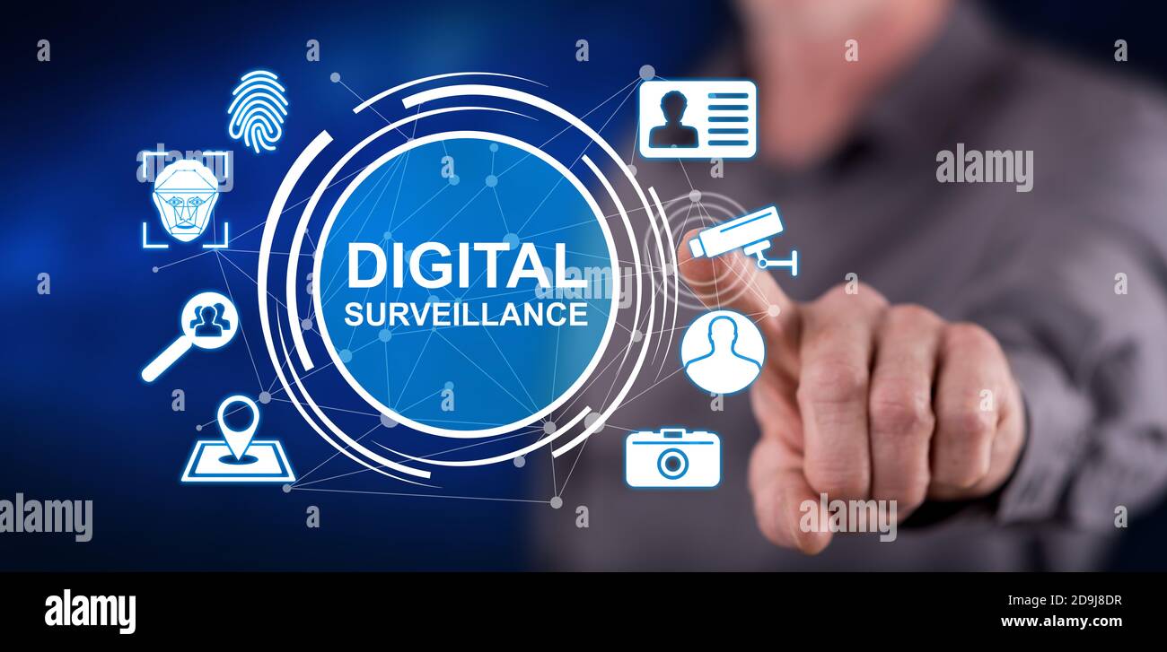 Man touching a digital surveillance concept on a touch screen with his ...