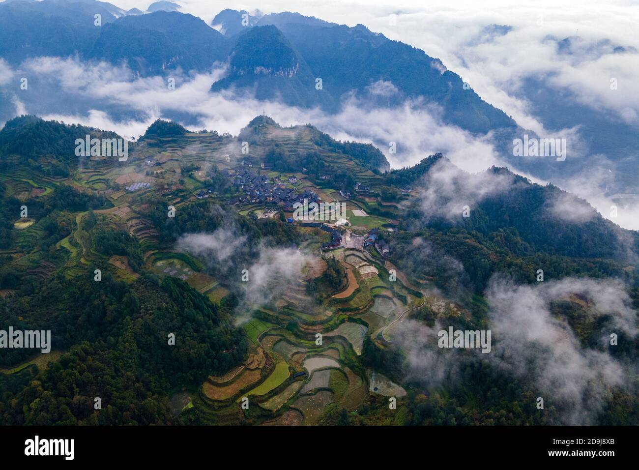 The sea of clouds appears around the Aizhai Suspension Bridge in Aizhai ...