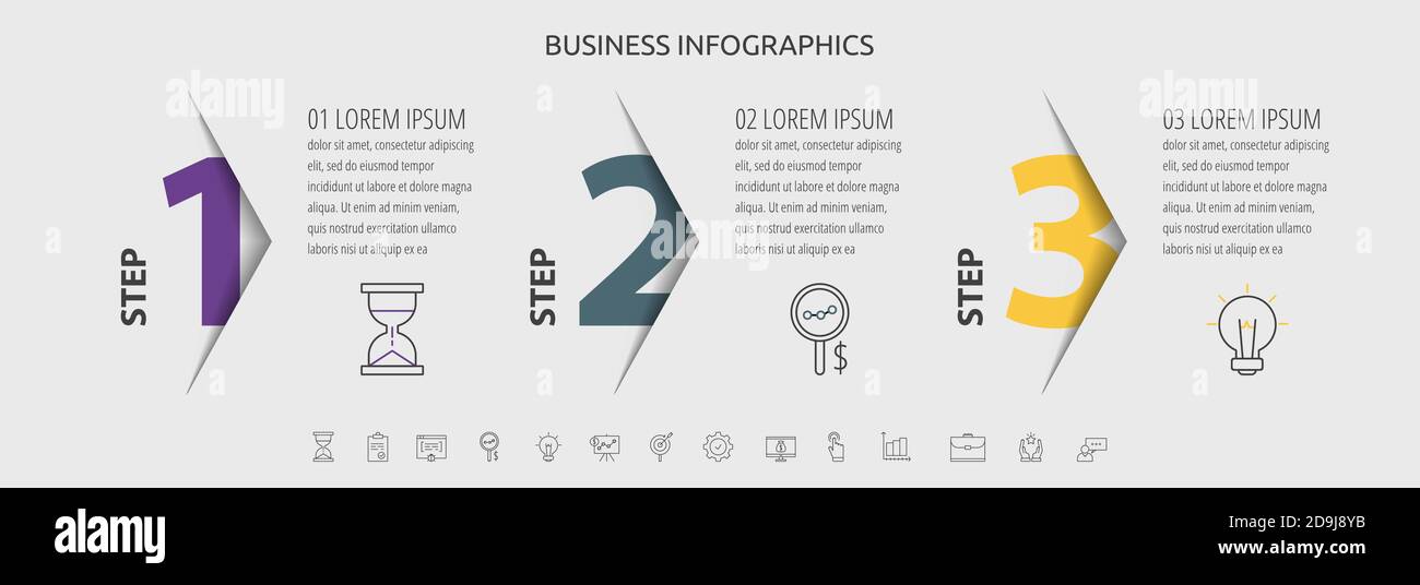 Vector infographic with 3 step, label, numeral, icons. Timeline used ...