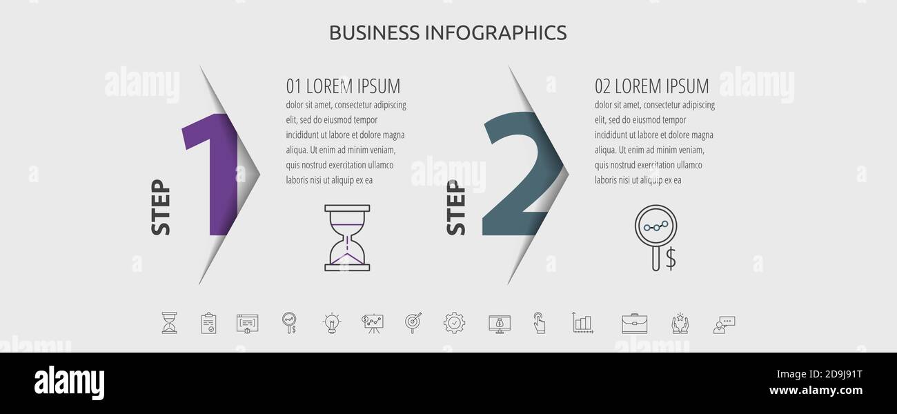 Vector infographic with 2 step, label, numeral, icons. Timeline used ...