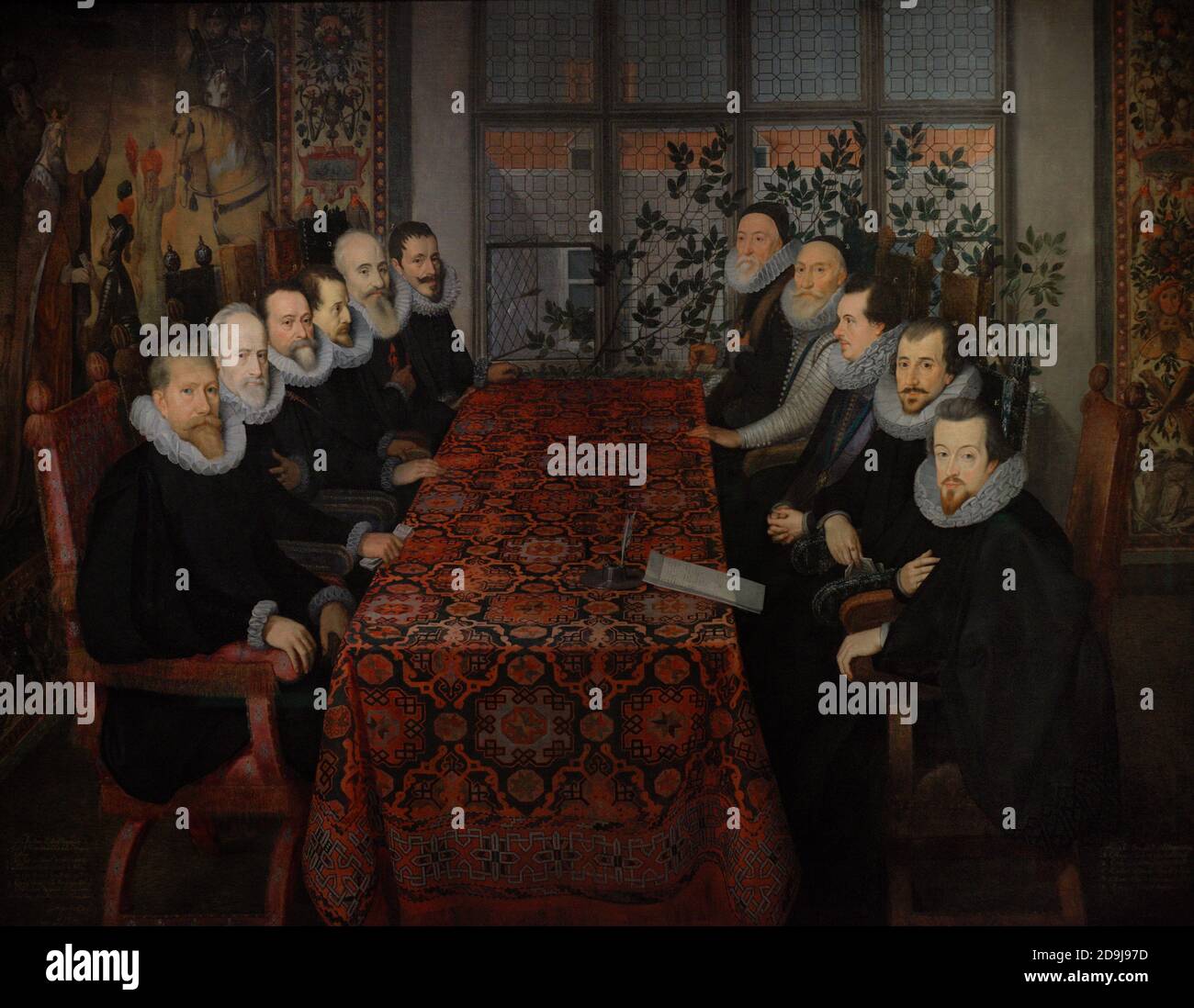 The Somerset House Conference, 1604. Painiting by an unknow artist. Oil ...