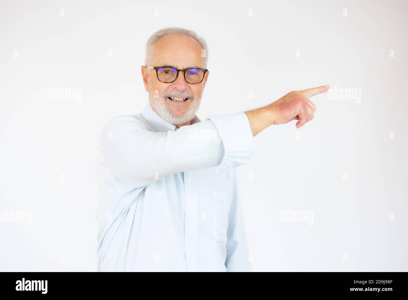 positive man pointing with hand and finger to the side. look here ...