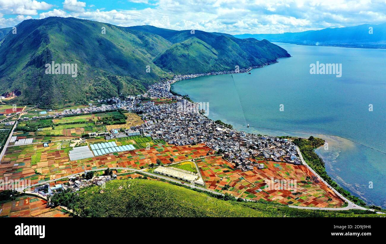 Aerial view of Erhai Lake, an alpine fault lake in Dali city, south ...