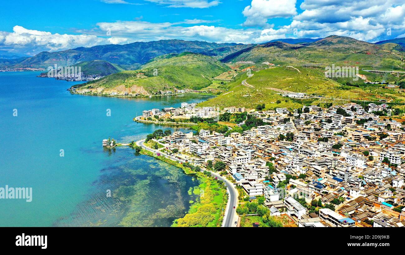 Aerial view of Erhai Lake, an alpine fault lake in Dali city, south ...