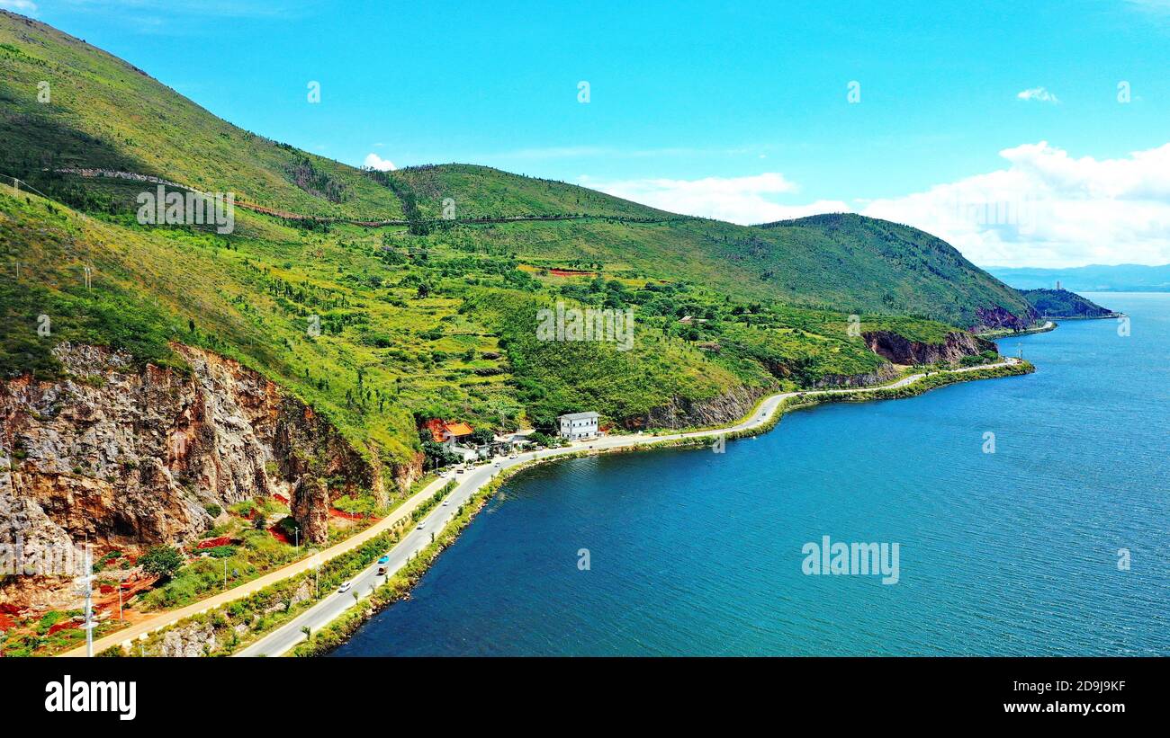 Aerial view of Erhai Lake, an alpine fault lake in Dali city, south ...
