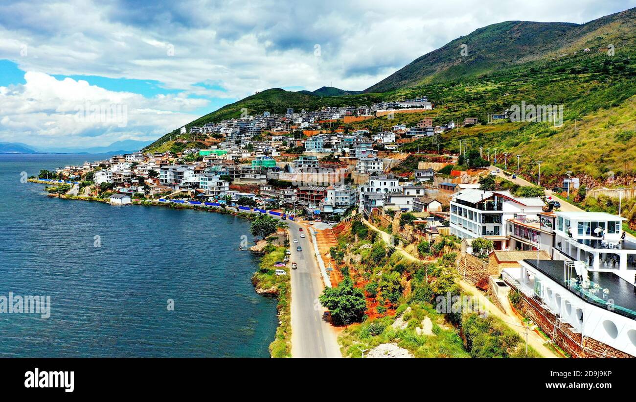 Aerial view of Erhai Lake, an alpine fault lake in Dali city, south ...