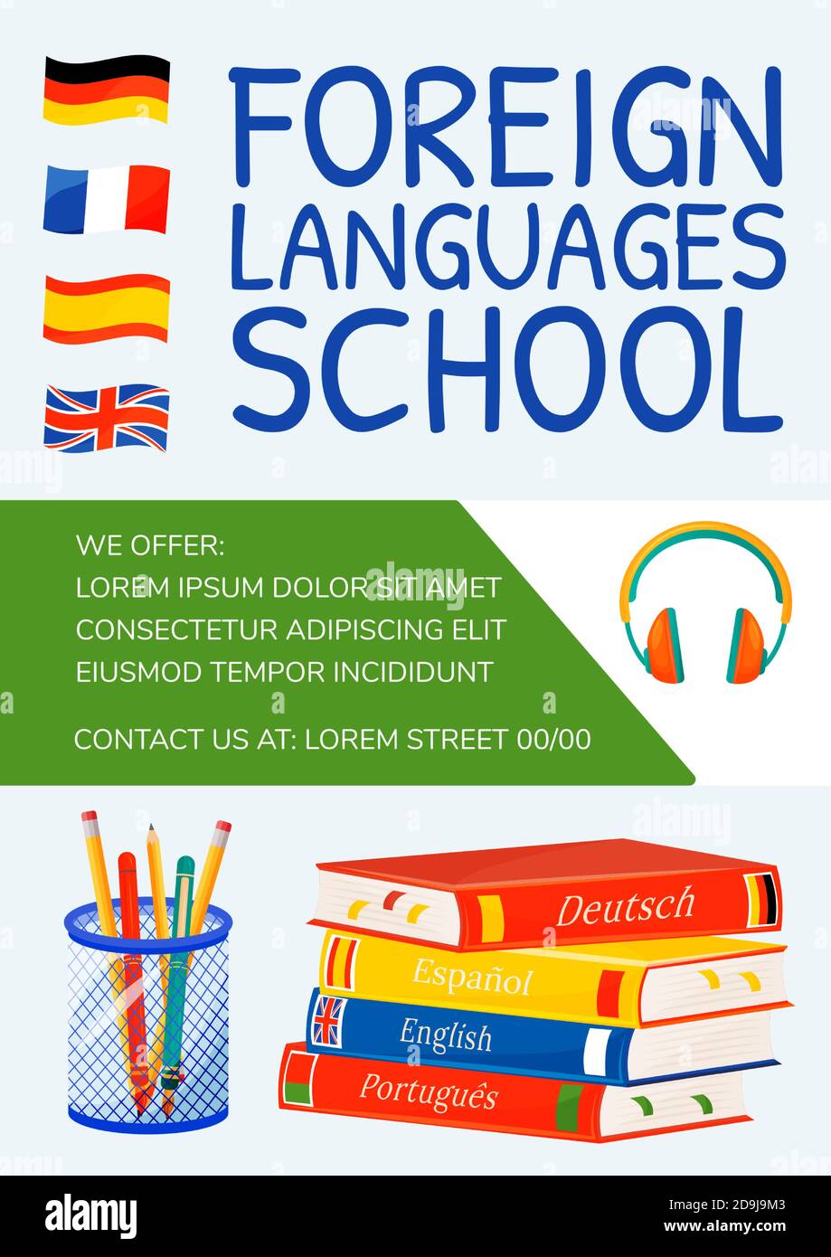 Foreign languages school poster flat vector template Stock Vector Image ...