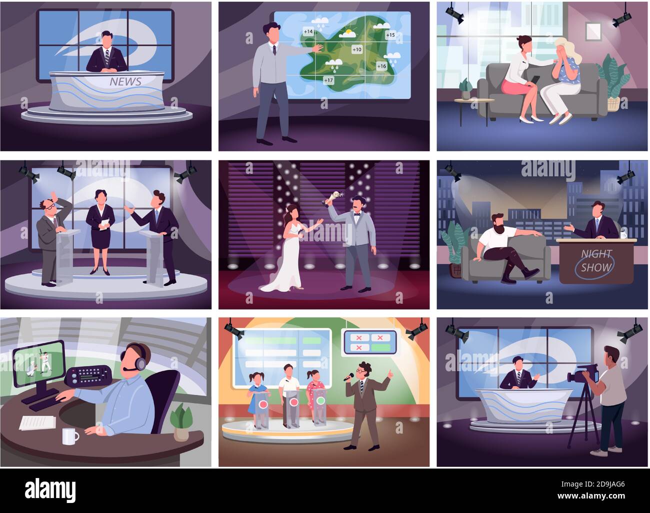 Television programming flat color vector illustrations set Stock Vector ...