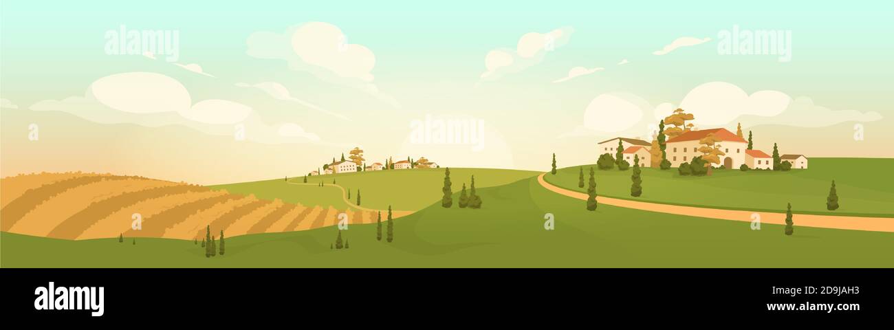 Autumn in hilltop village flat color vector illustration Stock Vector ...