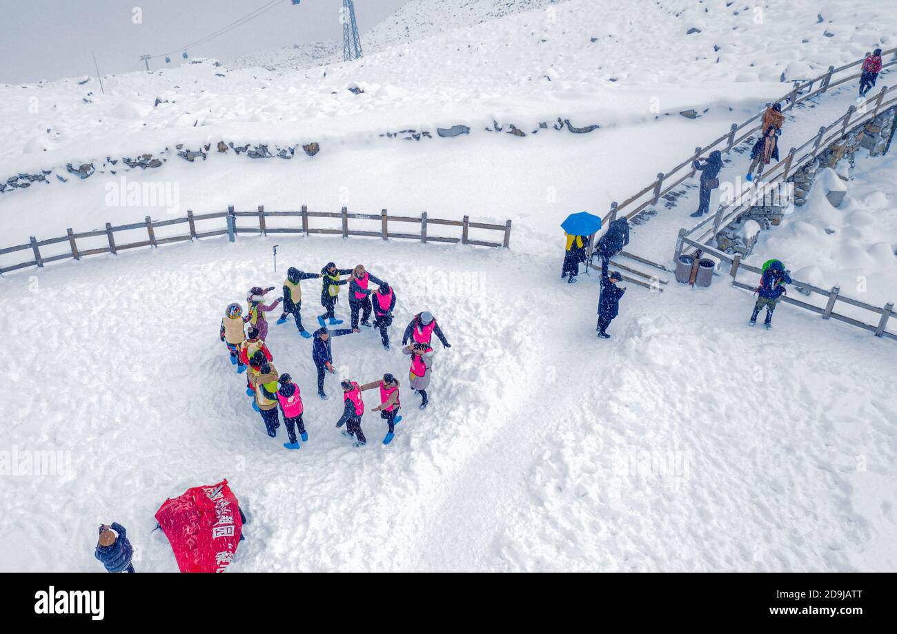 An aerial view of snow scenery of Ngawa Dagu Glacier Scenic Area in ...