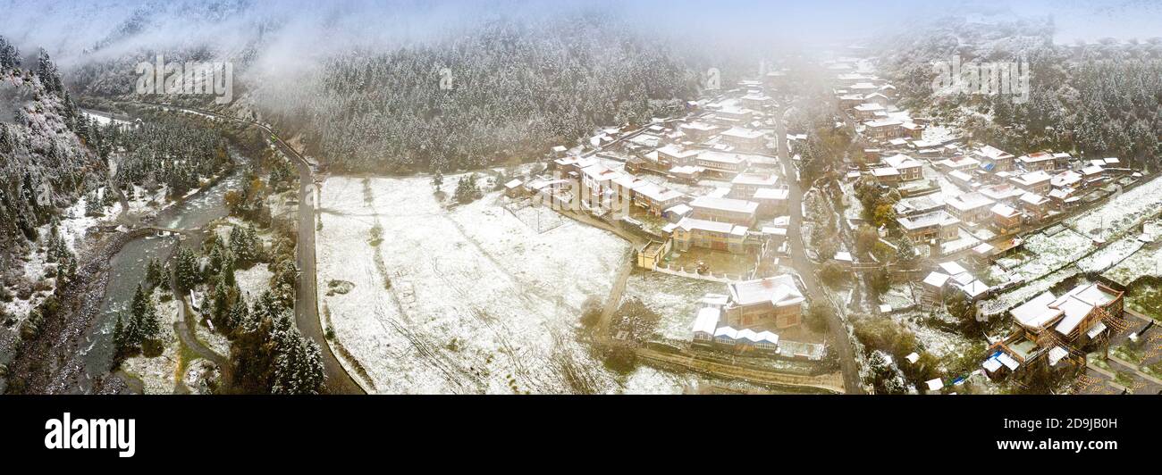 An aerial view of snow scenery of Ngawa Dagu Glacier Scenic Area in ...
