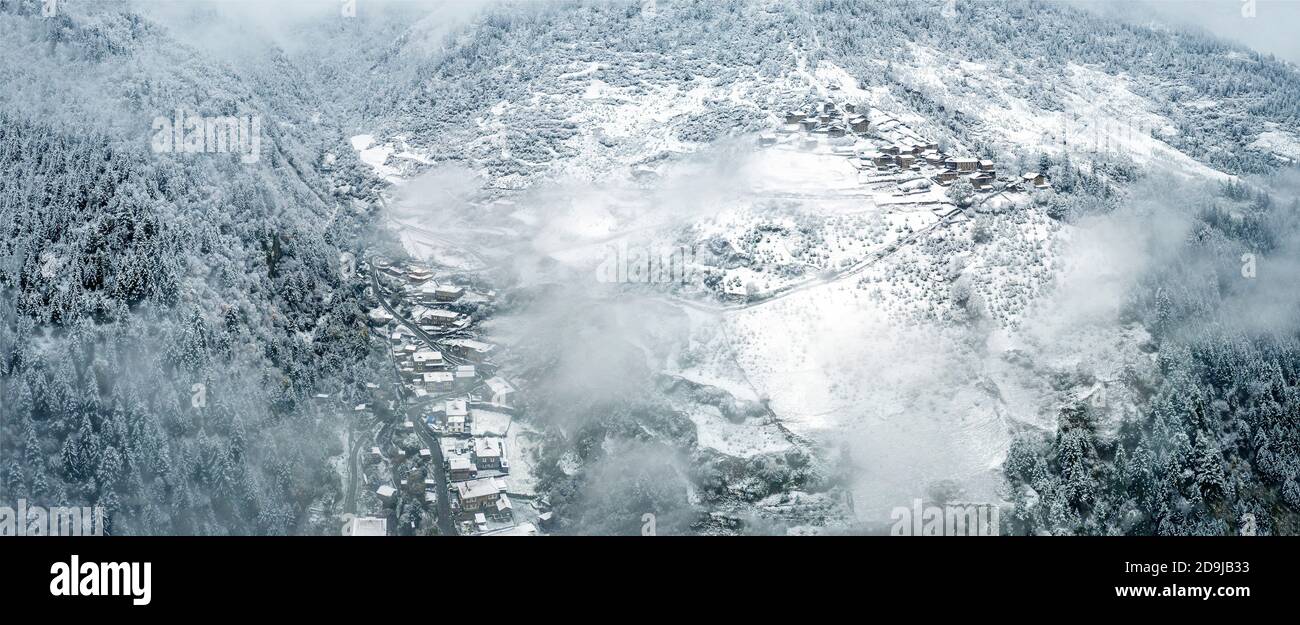 An aerial view of snow scenery of Ngawa Dagu Glacier Scenic Area in ...