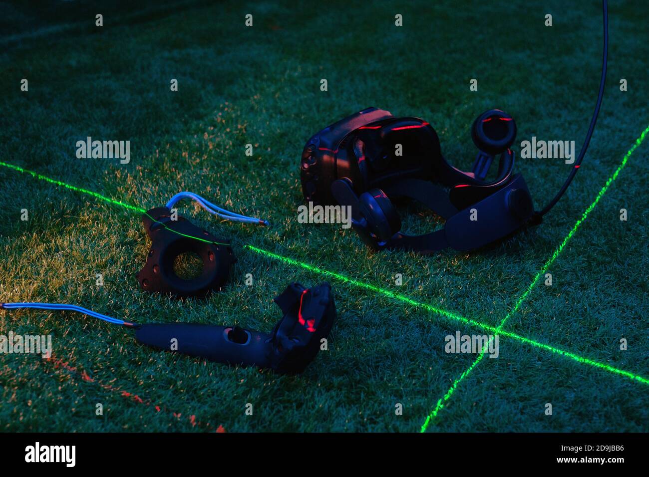 VR equipment set presented on green background goggles, scanners, two ...