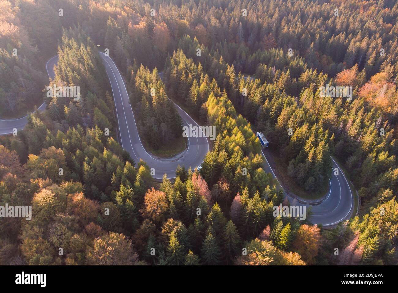Aerial view of a serpent road at Cheia, Romania, in the heart of ...