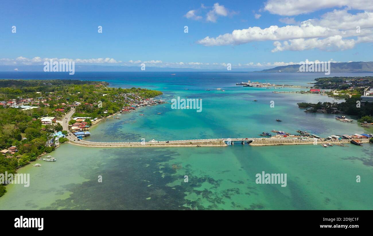 Bridge over the sea between Bohol island and Panglao with traffic and ...