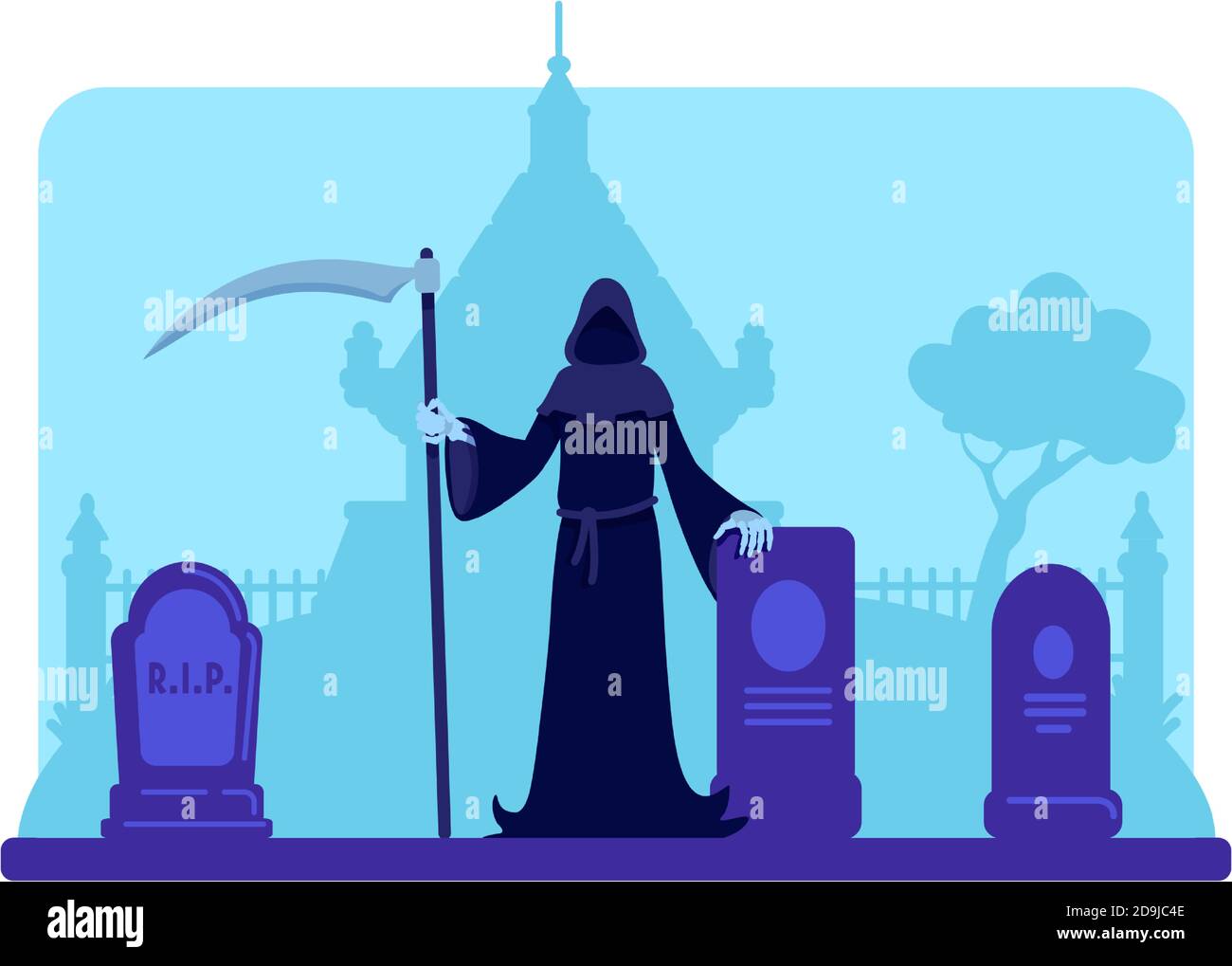 Grim reaper with scythe at cemetery flat color vector illustration ...