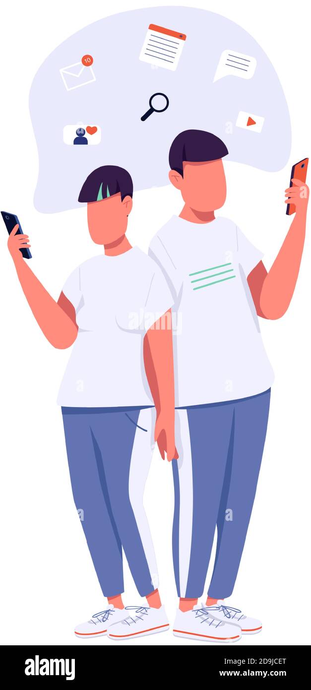Gen Z couple communicating online flat color vector faceless characters ...