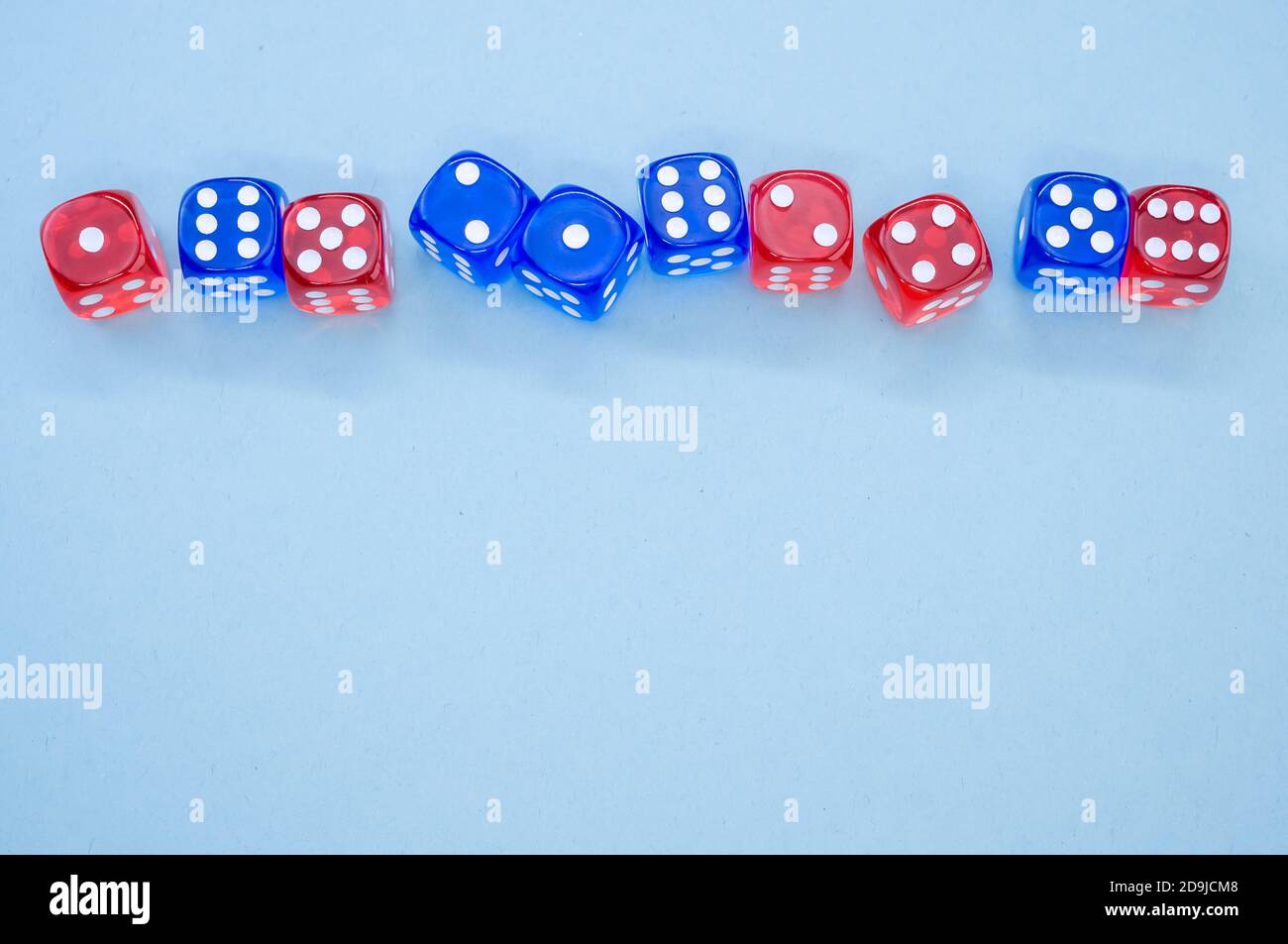 Top view of red and blue dice isolated on light blue background Stock ...