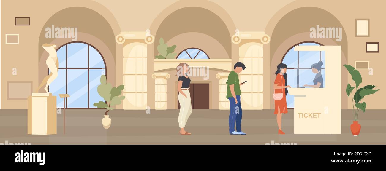 Queue to museum ticket booth flat color vector illustration Stock ...