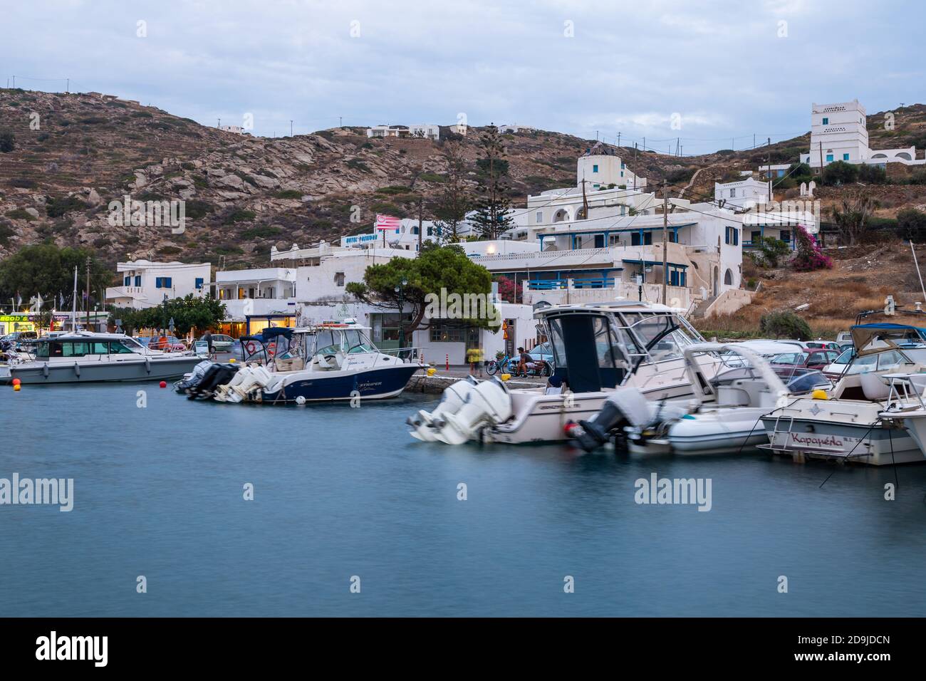 Chora, Ios Island, Greece- 19 September 2020: Boats and sailing ship ...