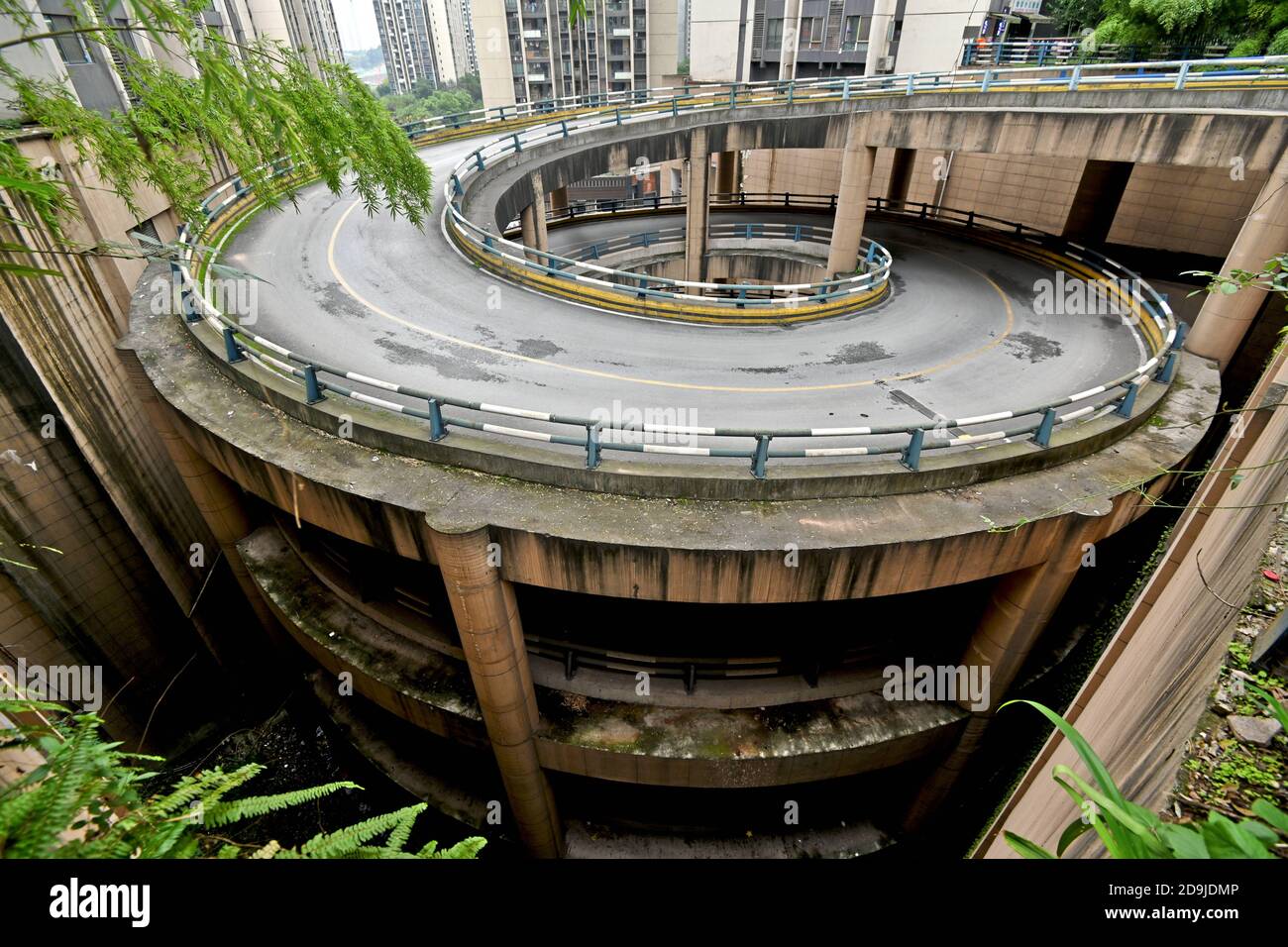 Aerial view of the 5-layer spiral road in a community in Chongqing ...