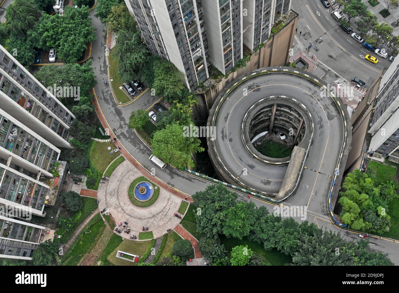 Aerial view of the 5-layer spiral road in a community in Chongqing ...