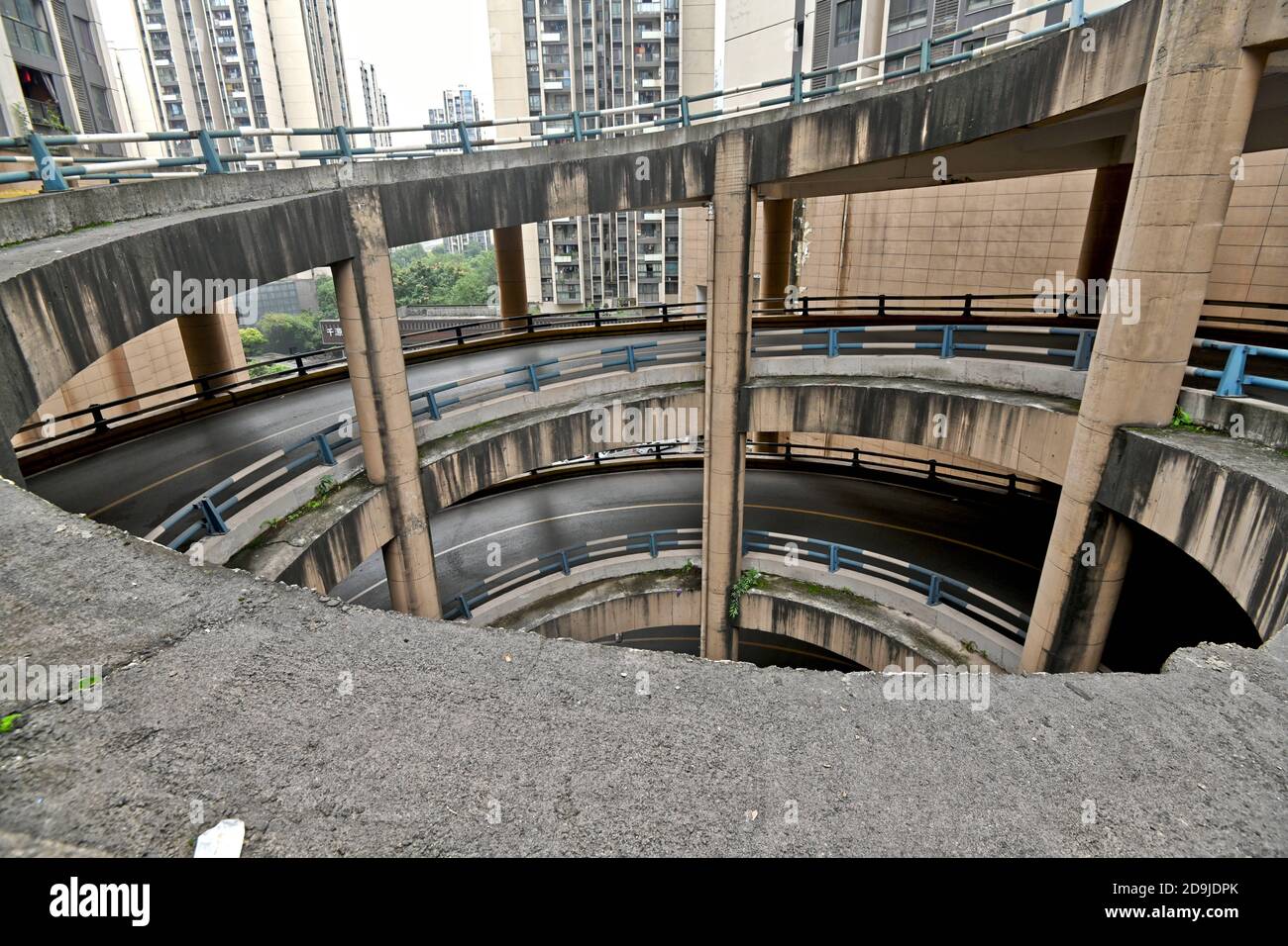 Aerial view of the 5-layer spiral road in a community in Chongqing ...