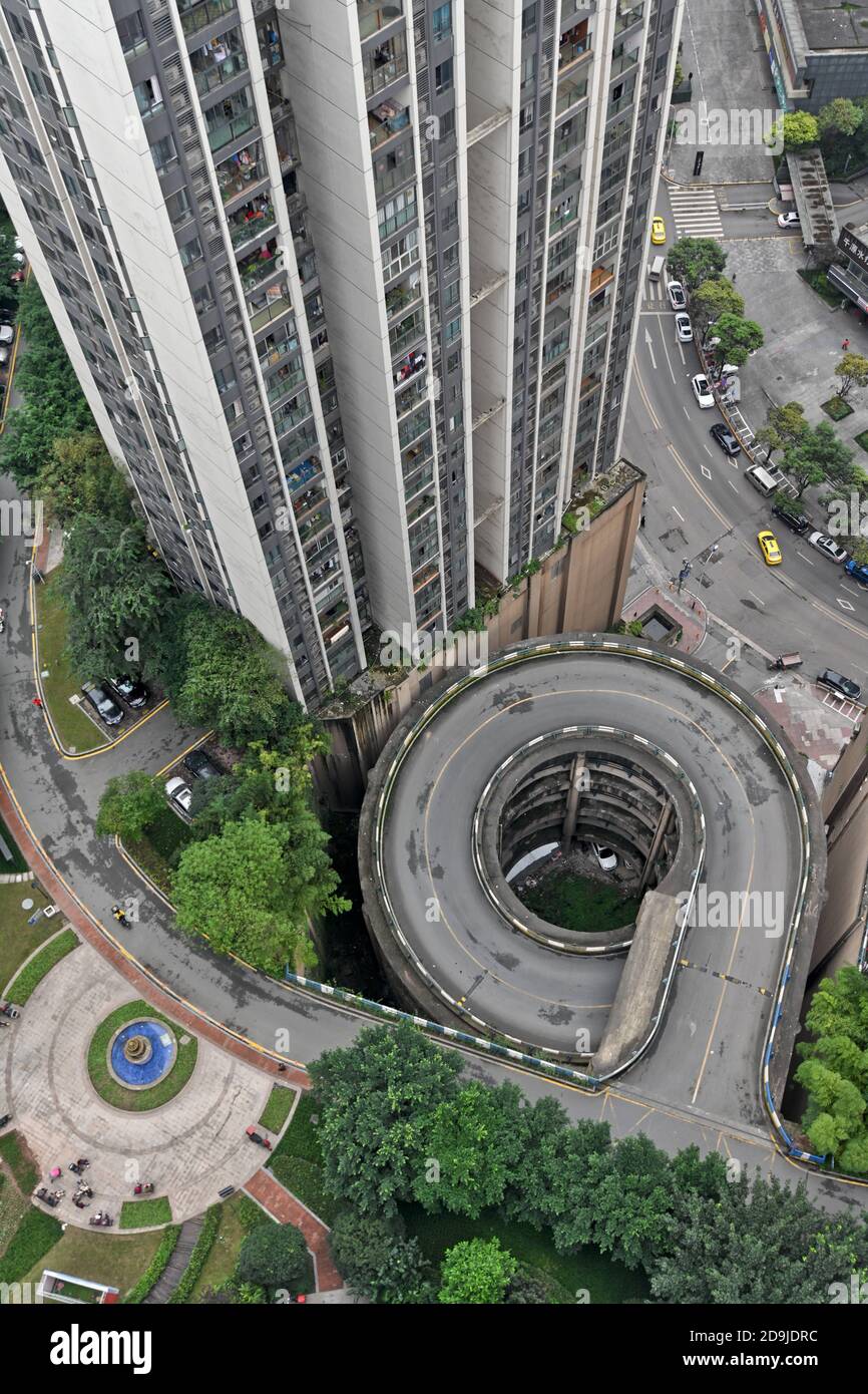 Aerial view of the 5-layer spiral road in a community in Chongqing ...