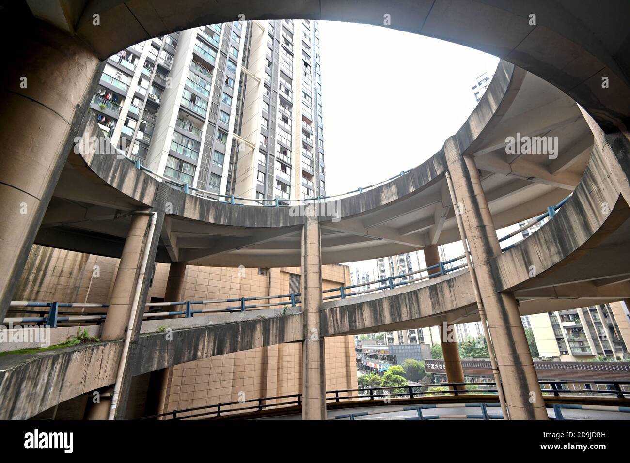 Aerial view of the 5-layer spiral road in a community in Chongqing ...
