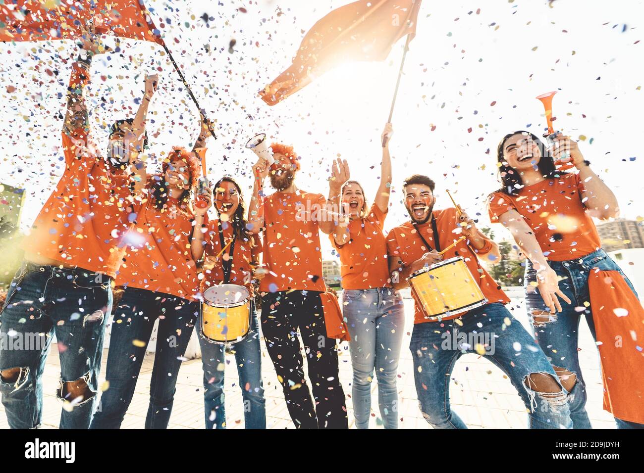 Friends football fans watching soccer match event at stadium - Young ...