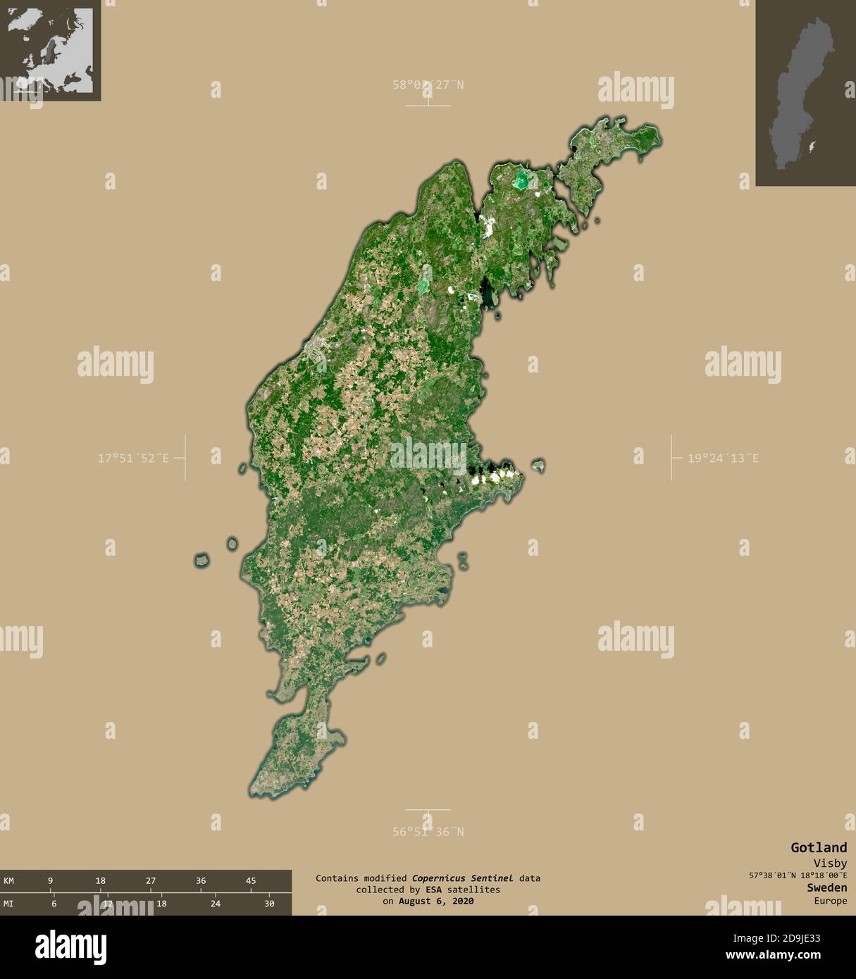 Gotland, county of Sweden. Sentinel-2 satellite imagery. Shape isolated ...