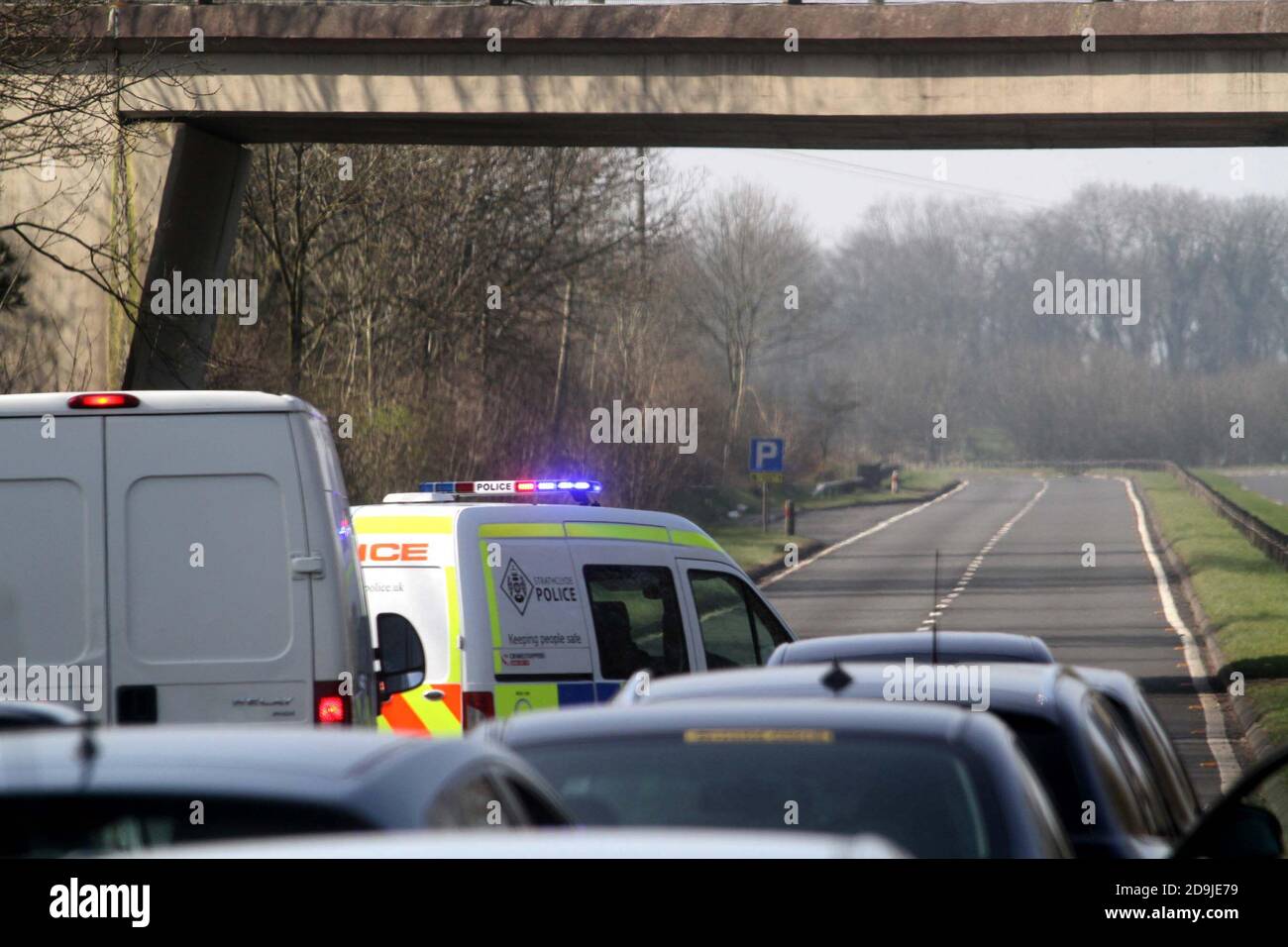 Road traffic hold up on A77 near Kilmarnock, A police vehicle blocks ...