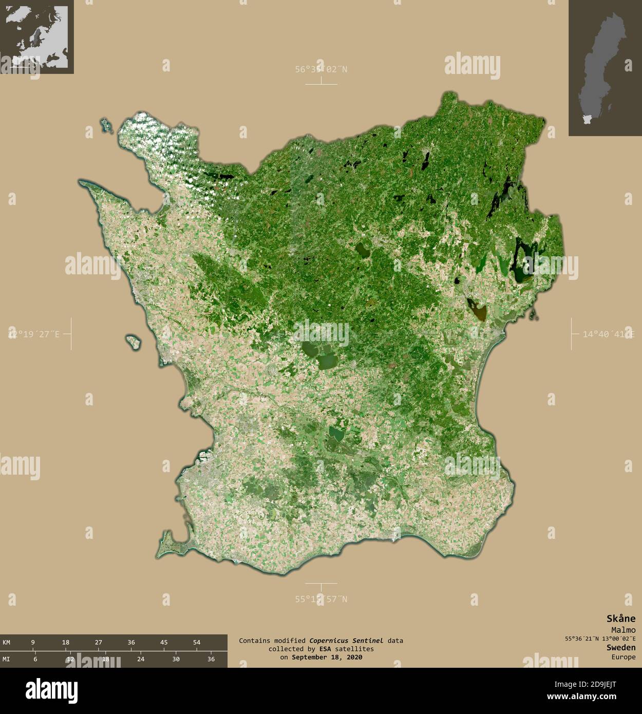 Skane, county of Sweden. Sentinel-2 satellite imagery. Shape isolated ...