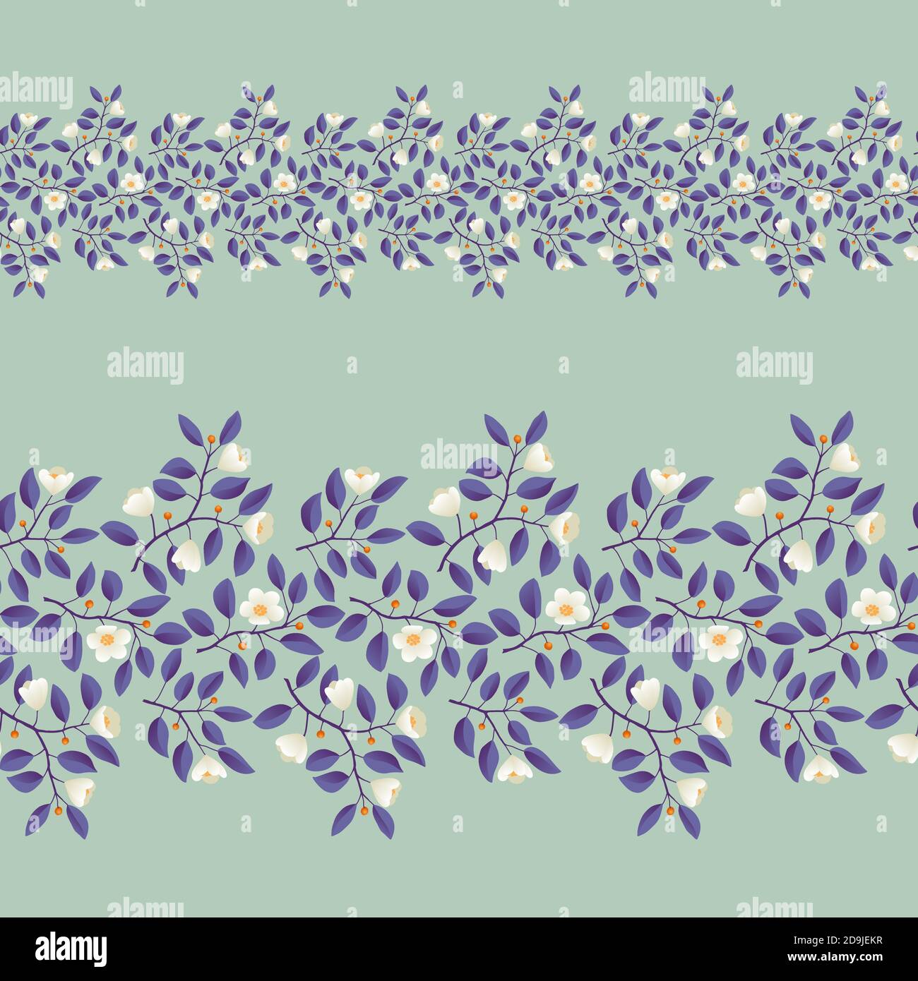 Floral border, branches with purple leaves and light cream flowers on ...