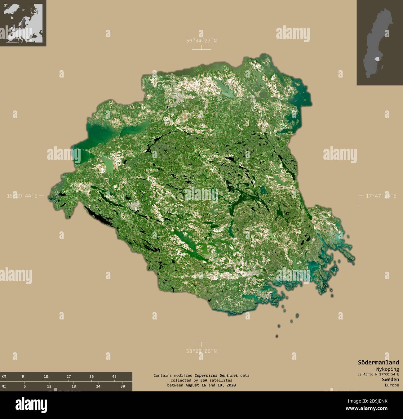 Sodermanland, county of Sweden. Sentinel-2 satellite imagery. Shape ...