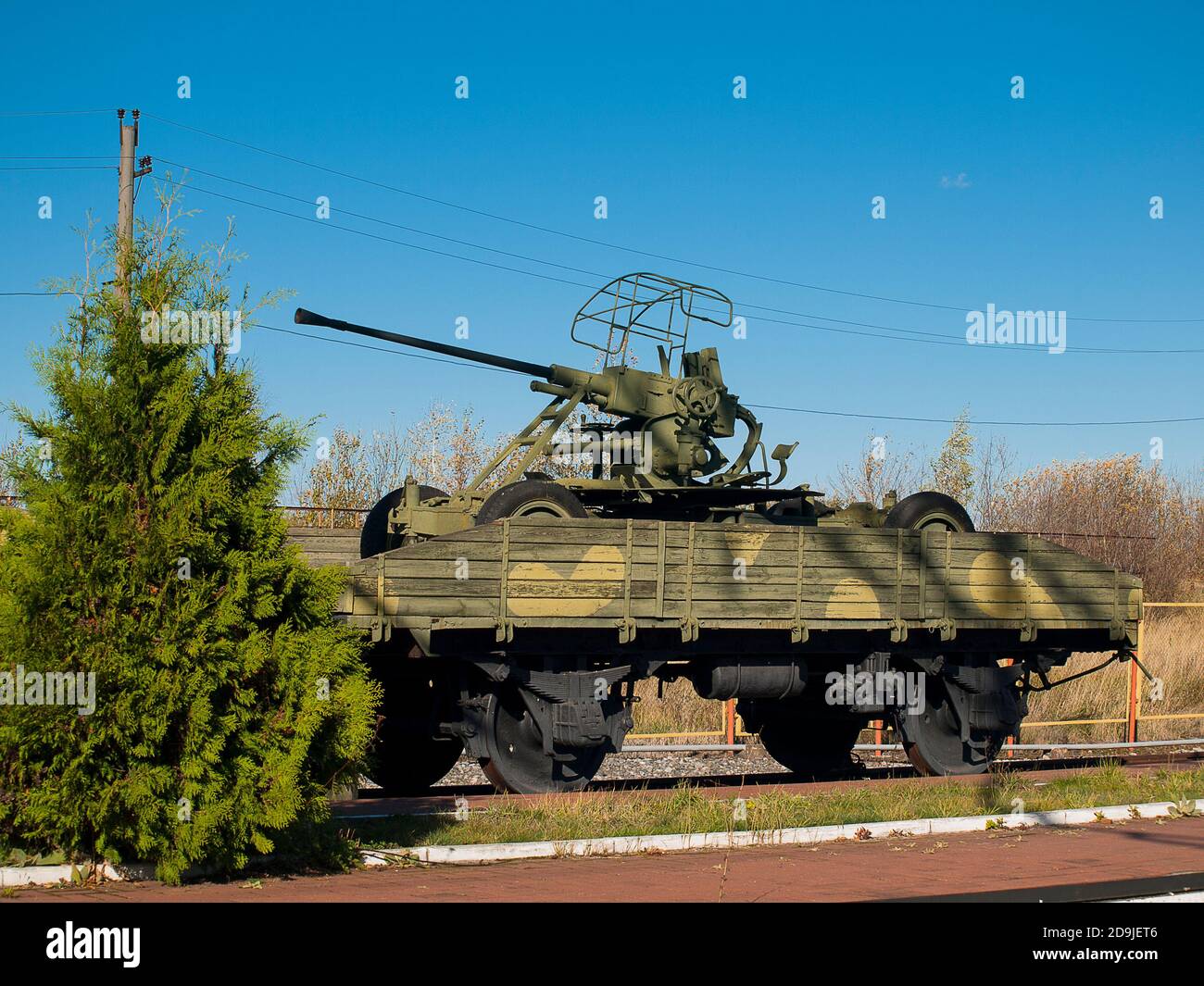 Anti-aircraft gun on the back platform of the armored train Stock Photo ...