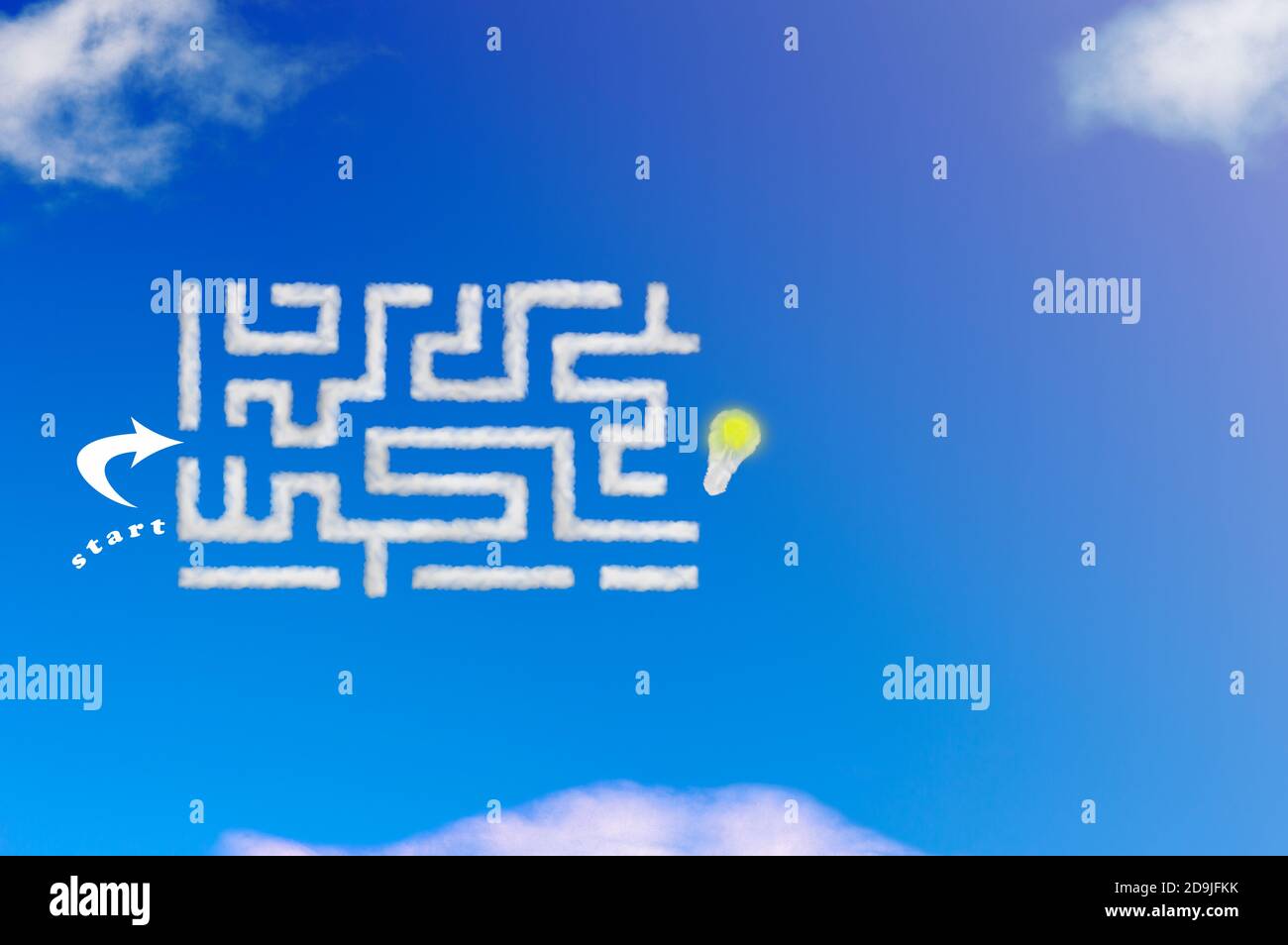 Cloud shape of labyrinth or maze start and finish with a light bulb on ...