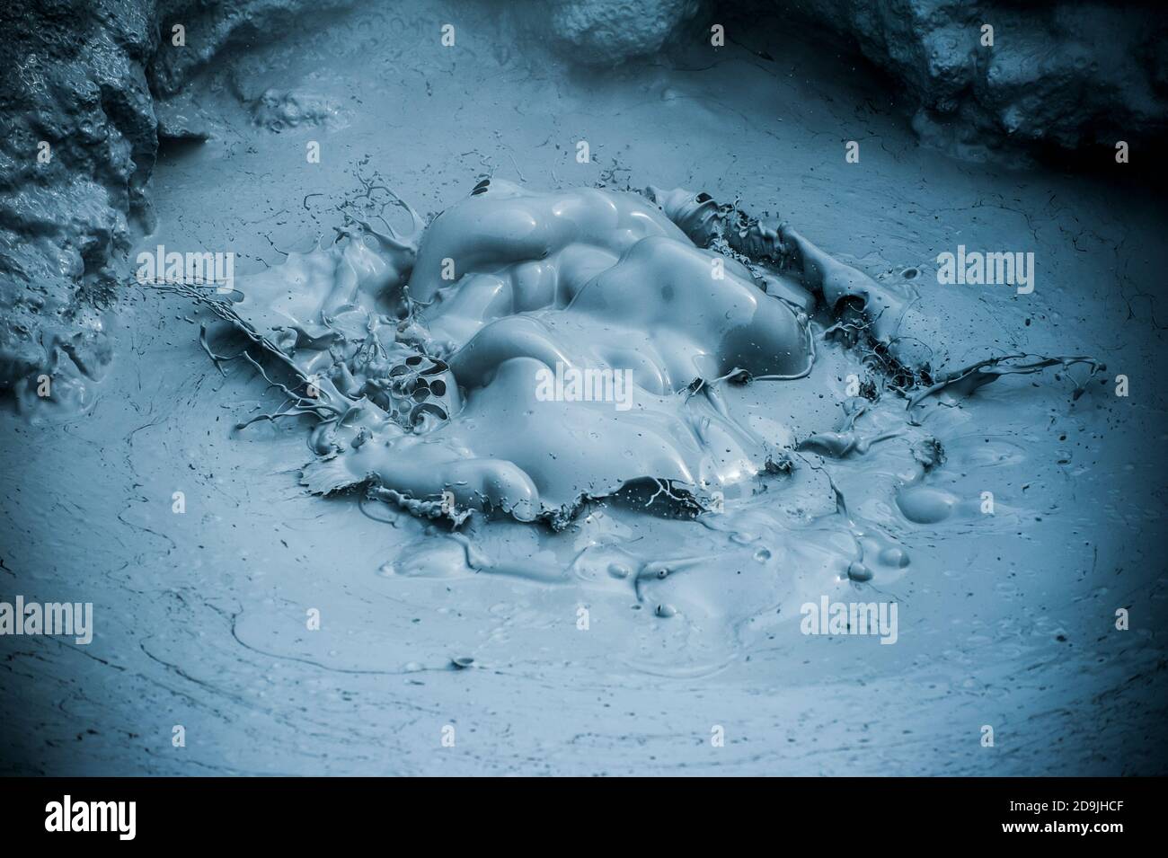 Hot boiling mud at fumarole is bubbling and exploding at mudpots ...
