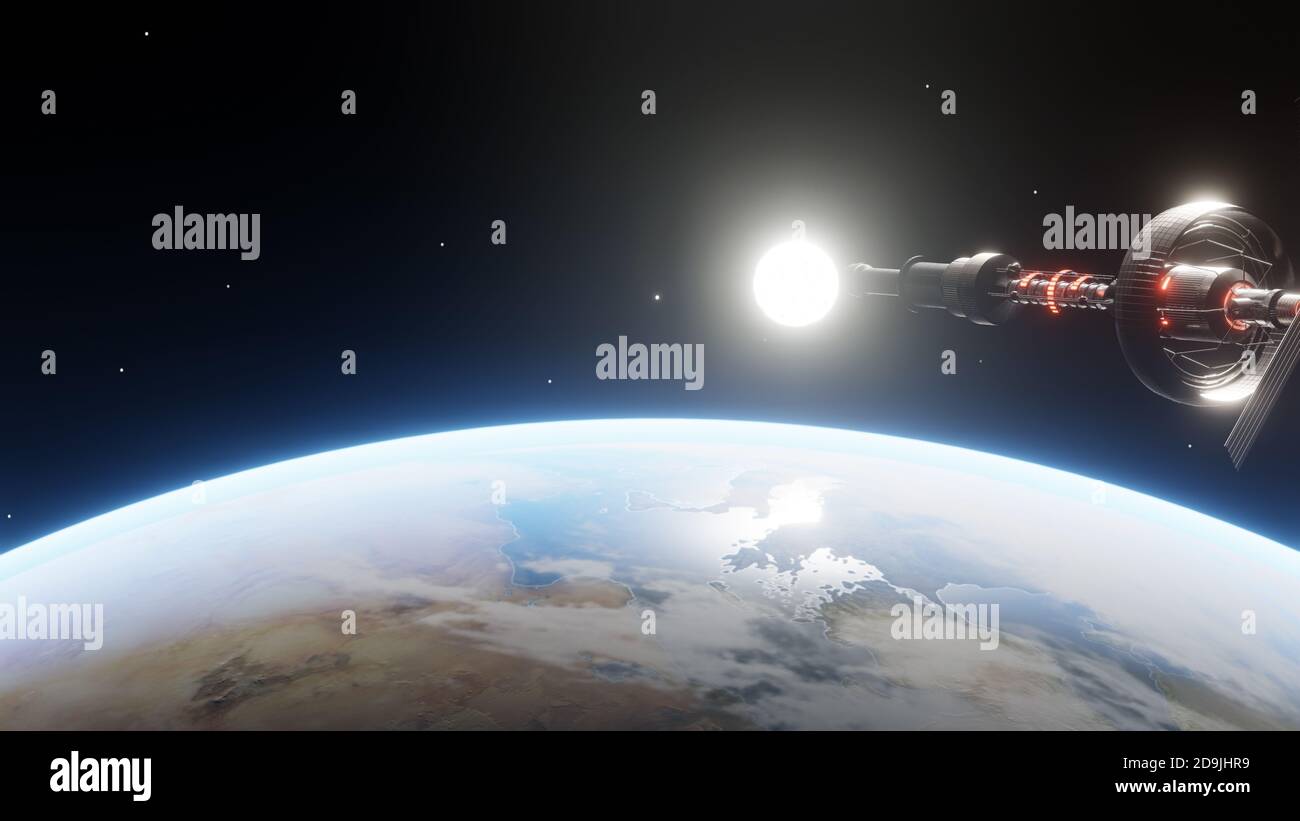 Controlled spaceship in mission floating in the night around the earth ...