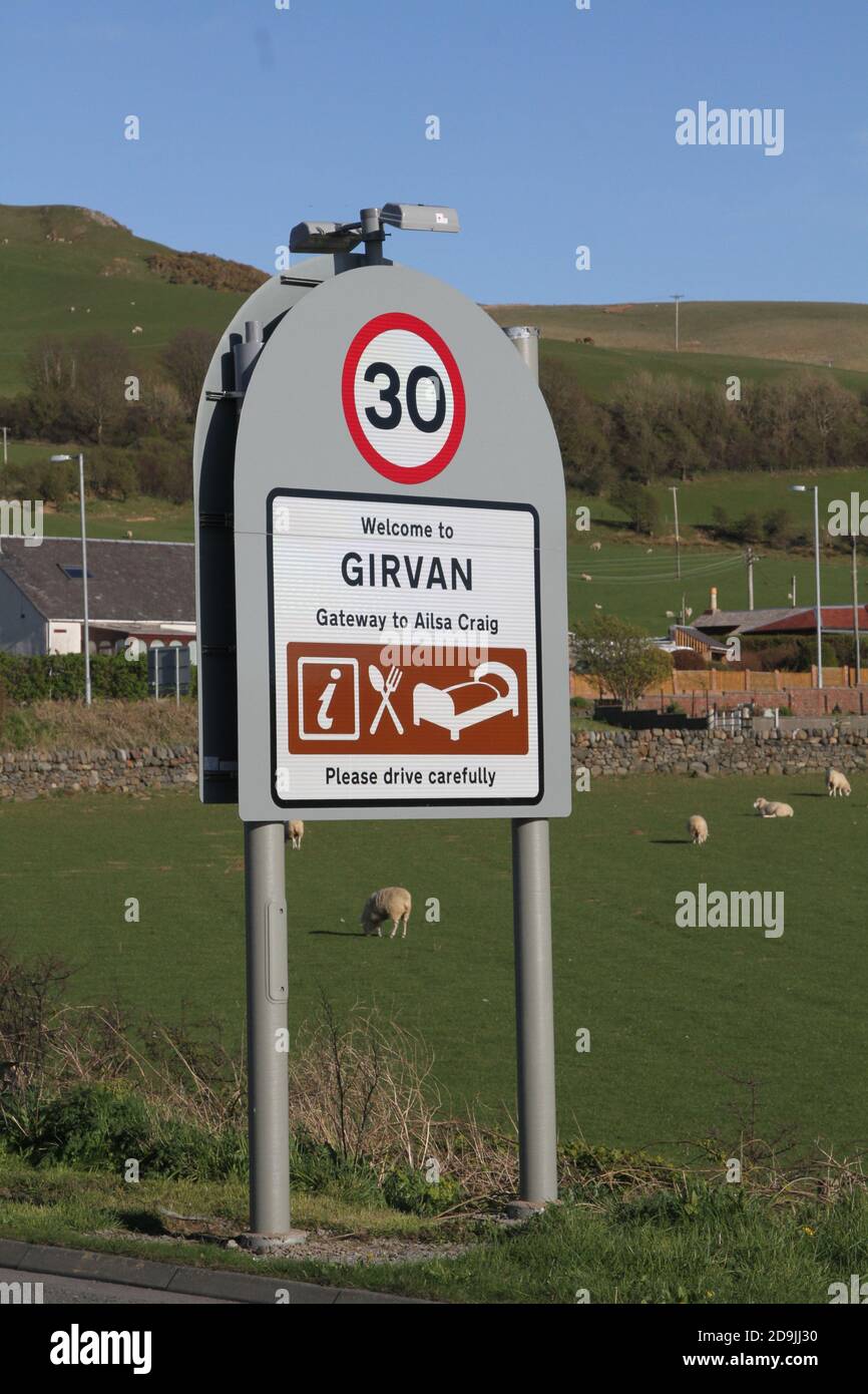 Girvan, Ayrshire, Scotland, UK, Welcome to Girvan sign with 30mph zone ...