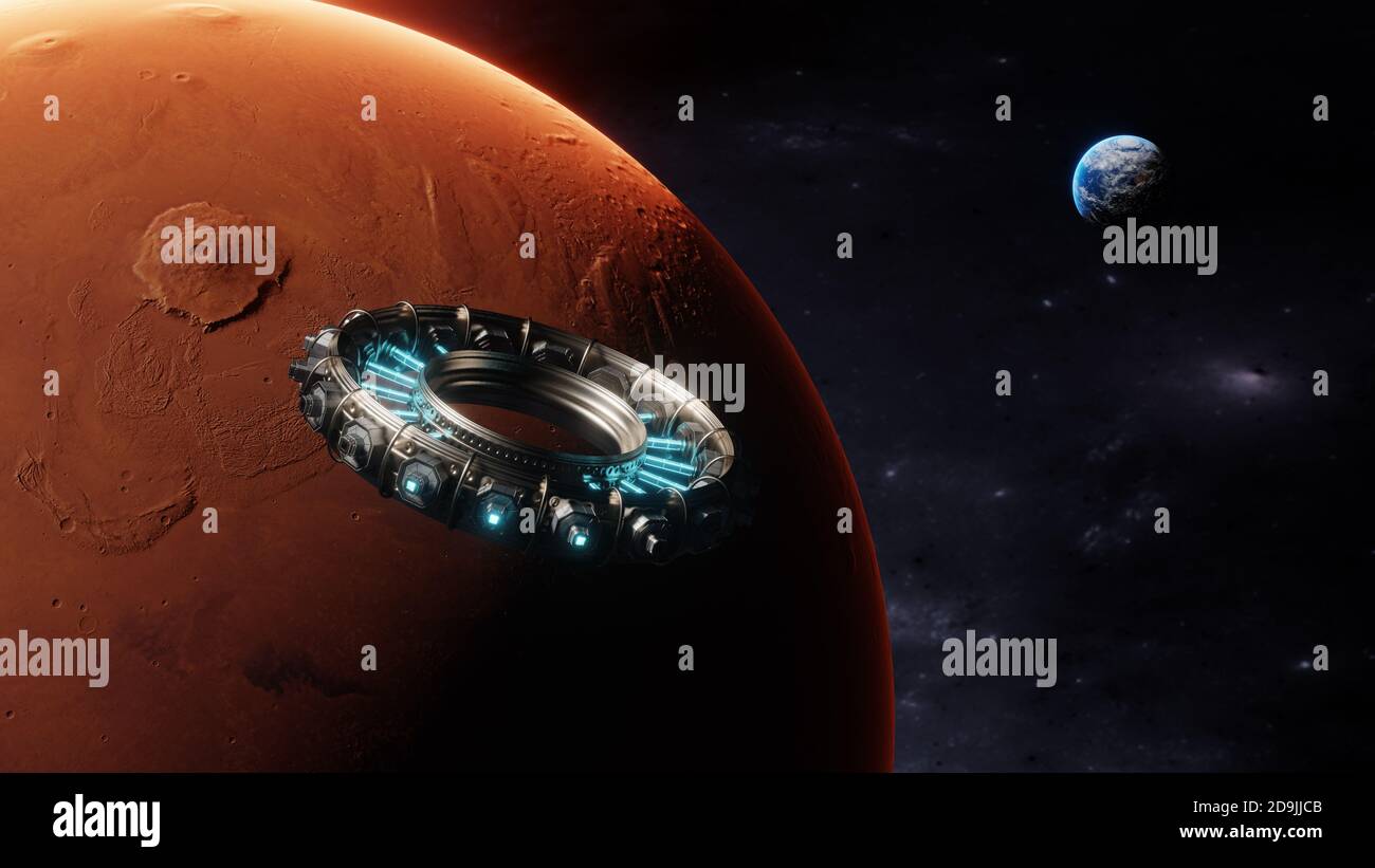 View of earth and a ship approaching Mars. Detailed and realistic 3d ...