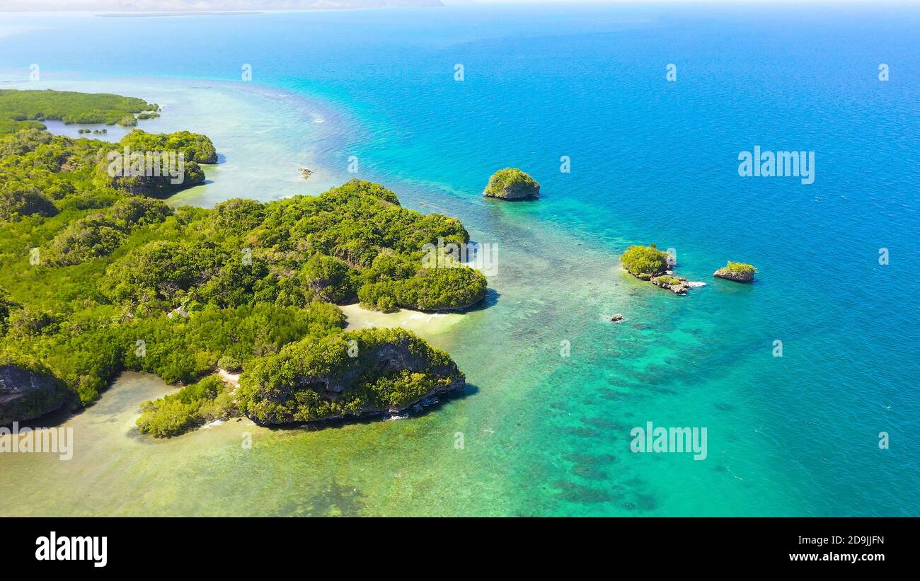 The coast of a tropical island covered with rainforest and rocks in the ...