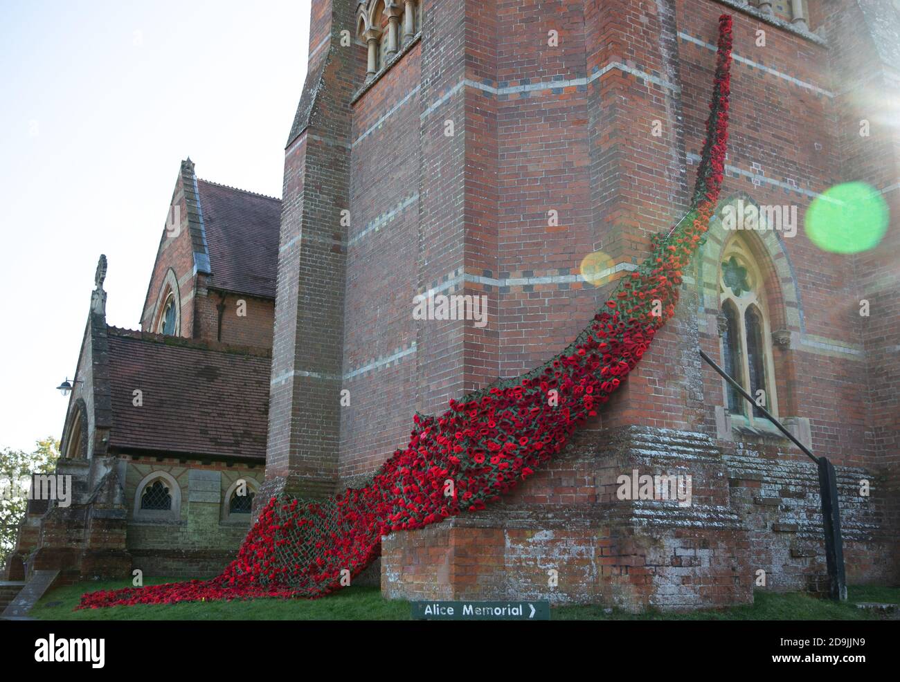 Hand knitted poppies creating 'A Fall of Poppies for the Fallen' hang ...
